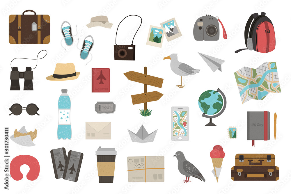 Vector big set of traveling objects isolated on white background ...