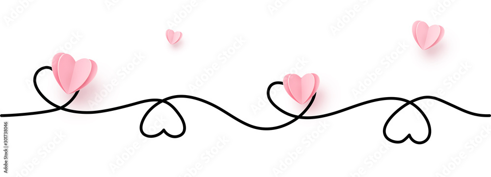 Continuous line heart shape border with realistic paper heart on white ...