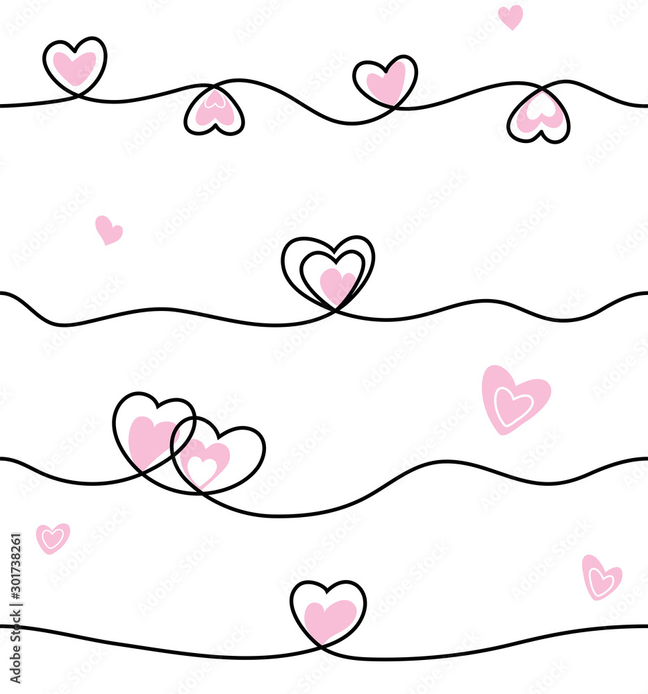 Seamless line heart pattern. Cute style background with pink hearts and ...