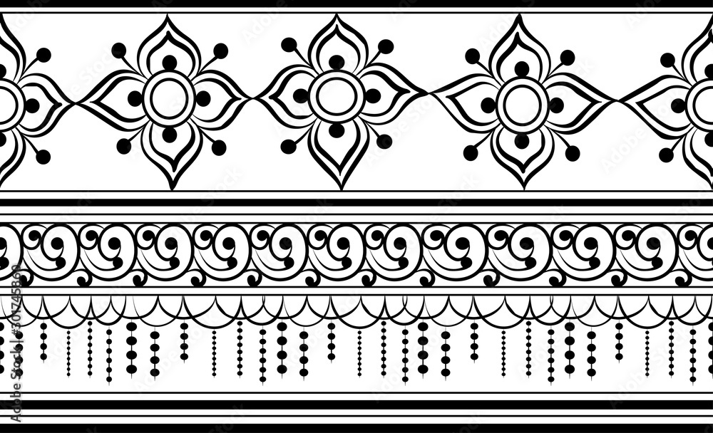 Ethnic indian line art seamless border in mehendi ethnic style on a ...