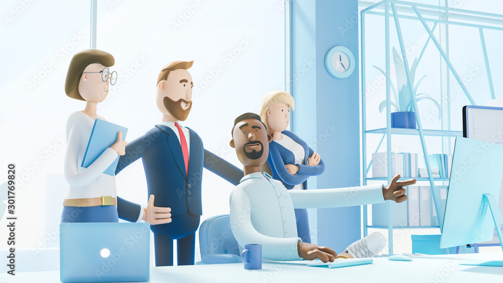 A team of employees works on the computer. Modern office. 3d ...