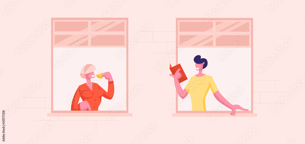 Happy Domestic Life, People Living Behaviour, Neighborhood. Facade of ...