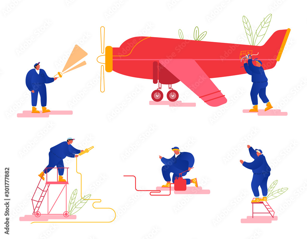 Repair and Maintenance of Aircraft Set. Mechanic Engineers Repairing ...