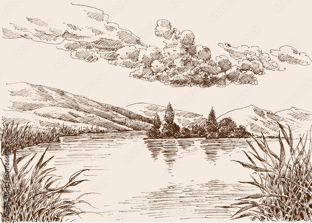 Lake landscape sketch, water vegetation and cloudy sky hand drawing ...