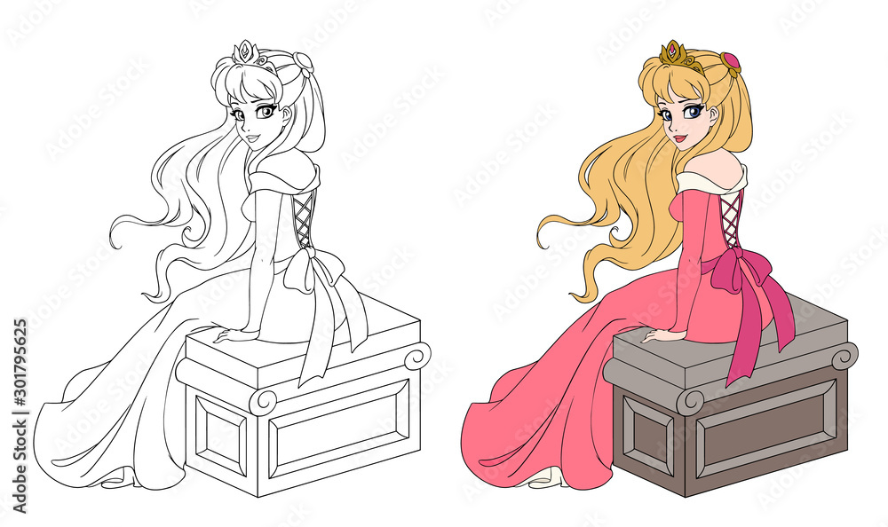 Beautiful Princess In Pink Dress Sitting With Long Blonde Hair Color
