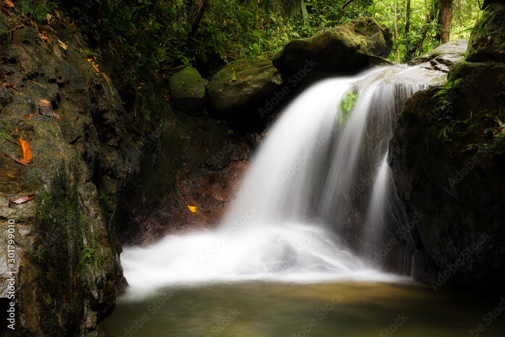 Beautiful cascade waterfall in the rainforest during a ecotourism ...