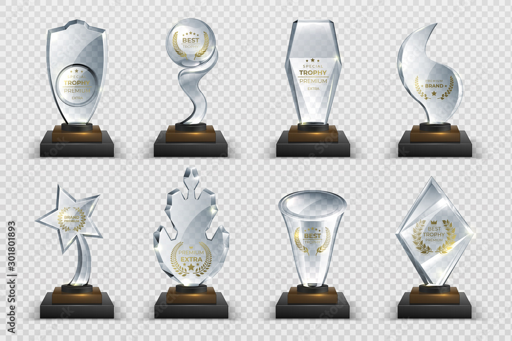 Transparent trophies. Realistic crystal glass awards with text ...