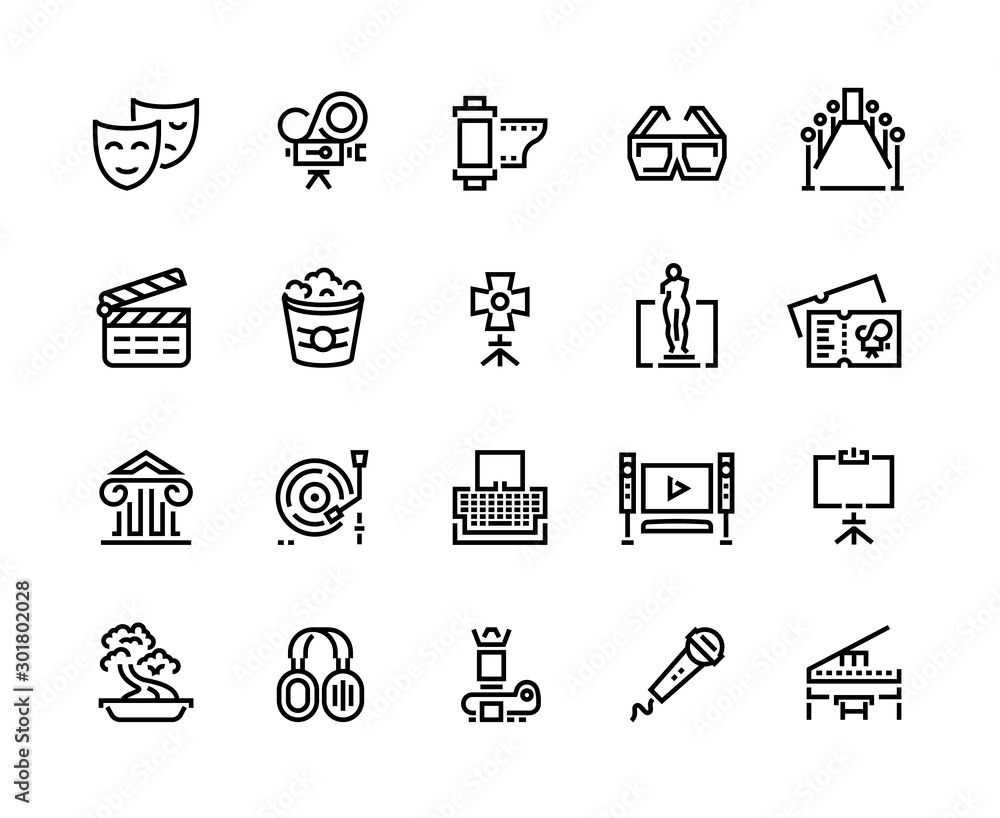 Entertainment line icons. Cinema and theater sound and music arts ...