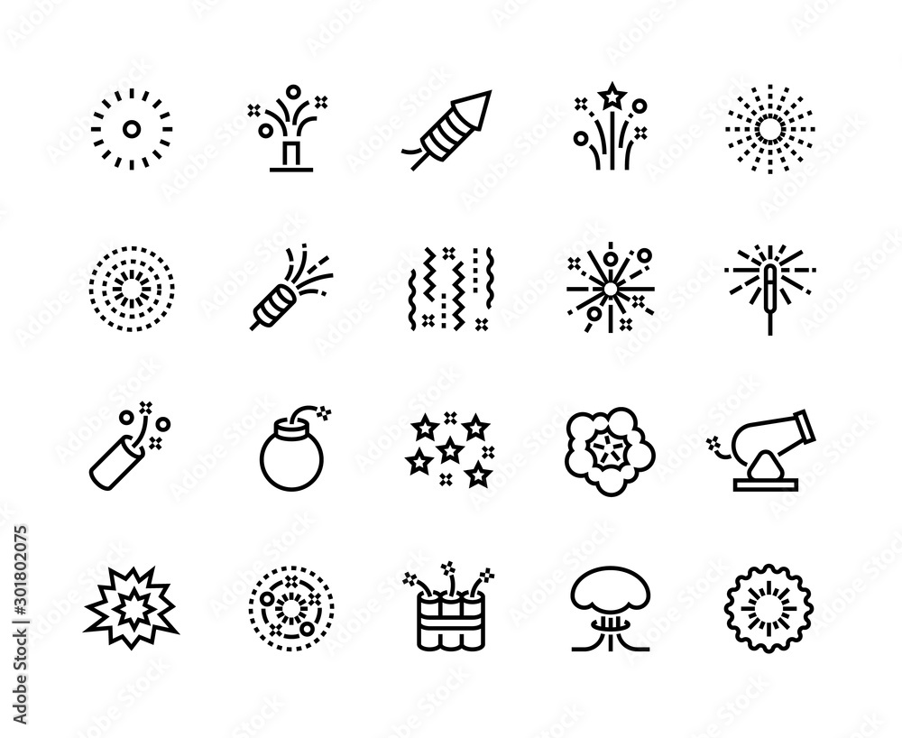 Firework line icons. Birthday party and anniversary celebration light ...