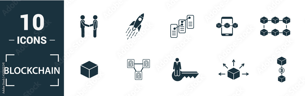 Blockchain icon set. Include creative elements block, distribution ...