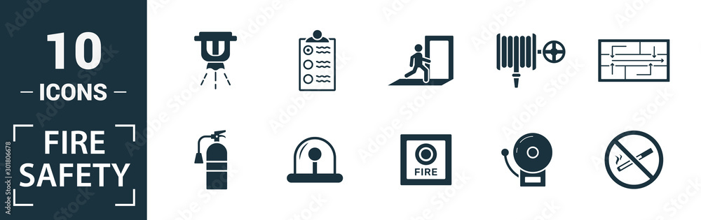 Fire Safety icon set. Include creative elements smoke detector, fire ...