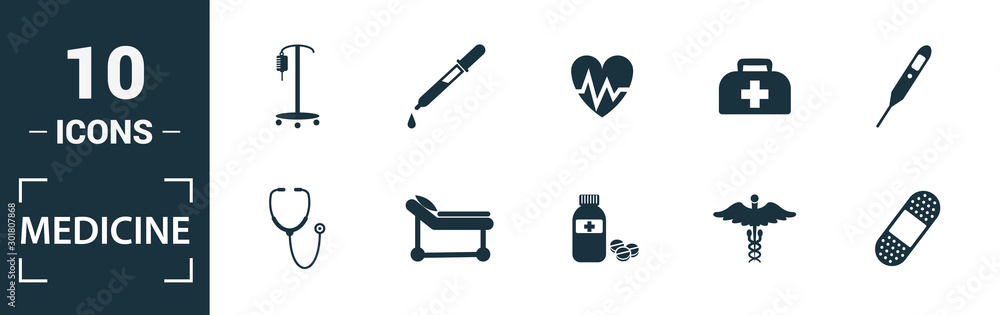 Medicine icon set. Include creative elements medical bag, pills ...