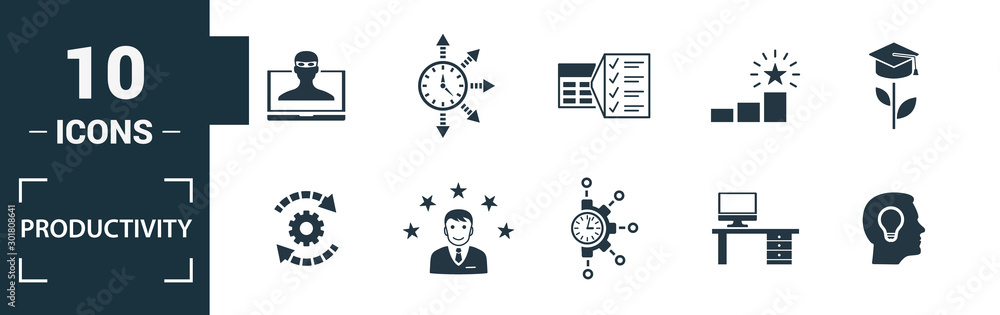 Productivity icon set. Include creative elements skill, time management ...