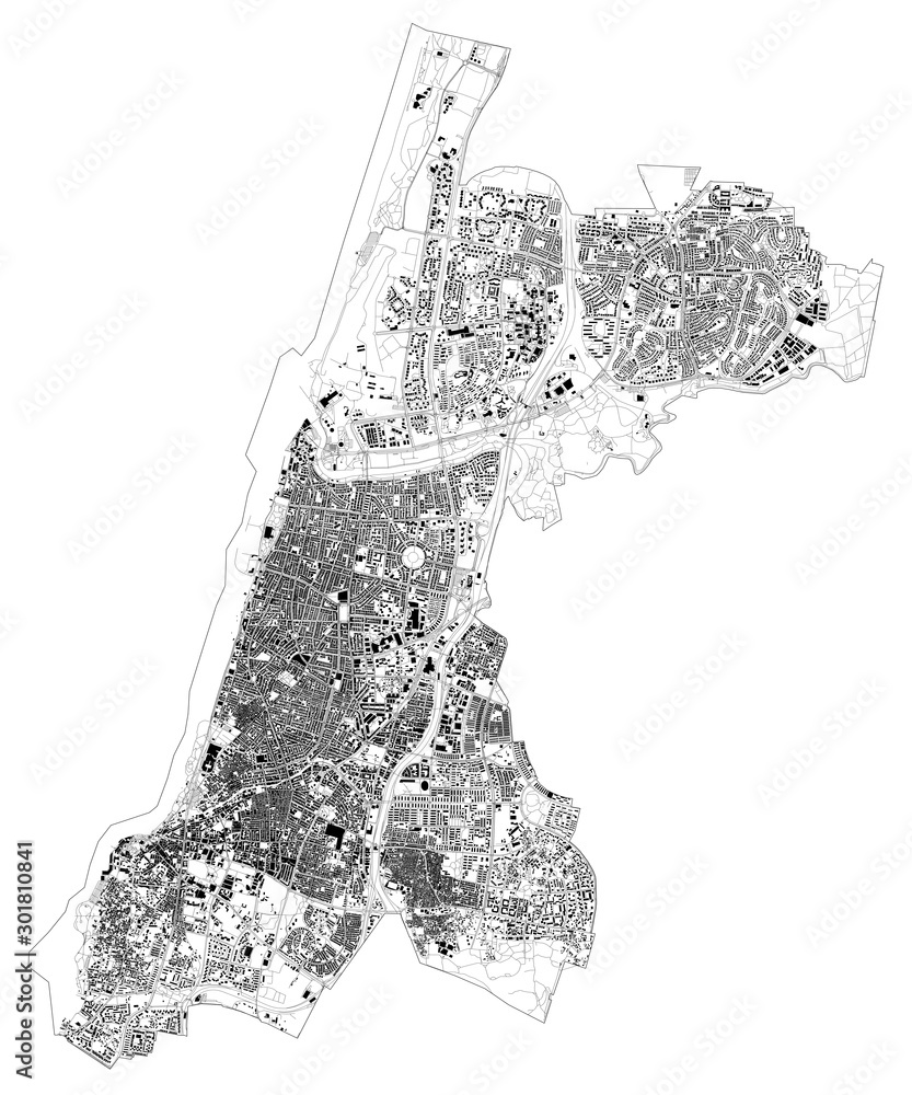Satellite map of Tel Aviv and buildings, Israel. Map roads, ring roads ...
