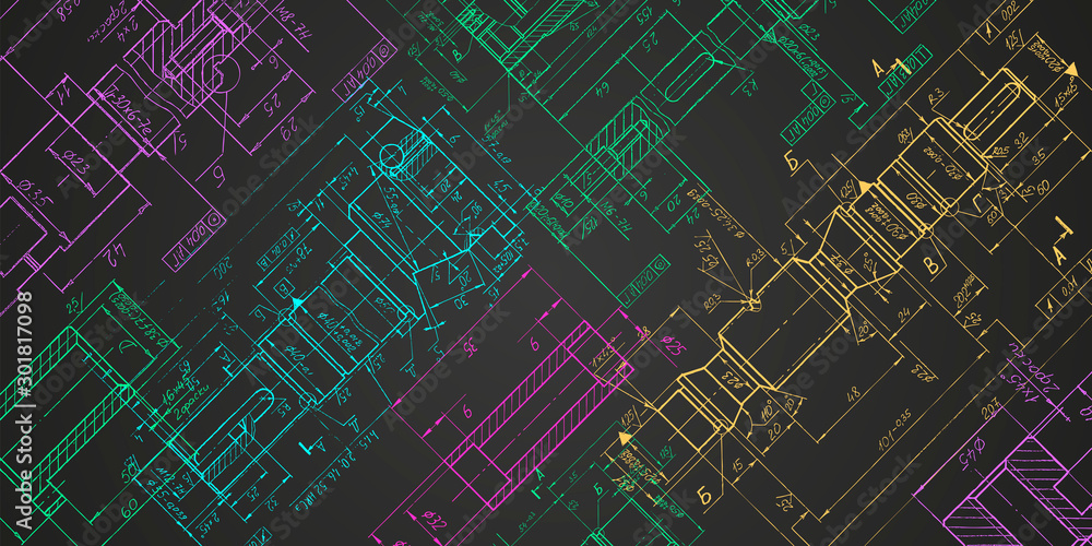 Technical drawing on a black background .Mechanical Engineering drawing ...