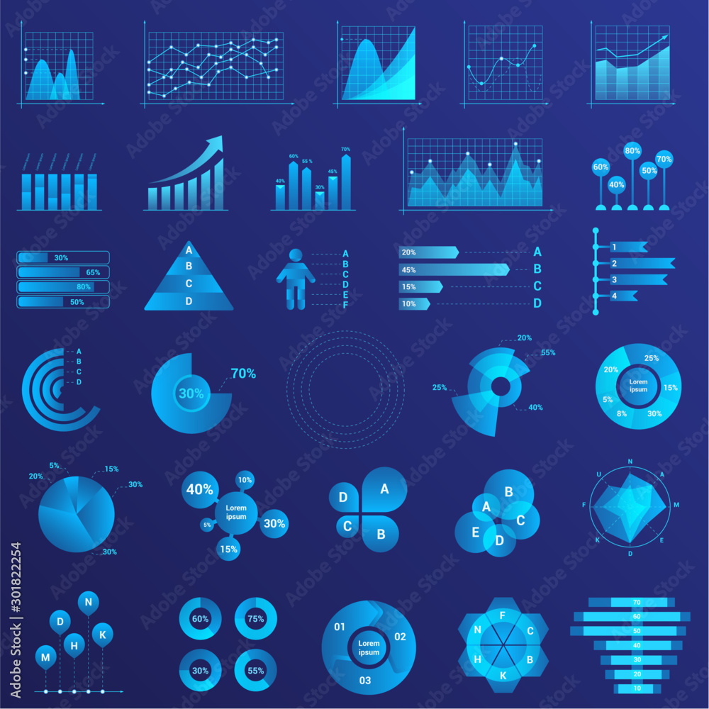 Infographics flat neon light illustrations set. Graph arrow growth ...
