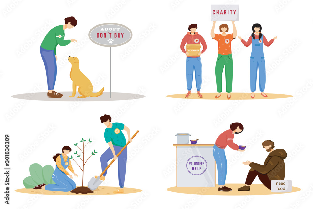 Voluntary activities flat vector illustrations set. Young volunteers ...
