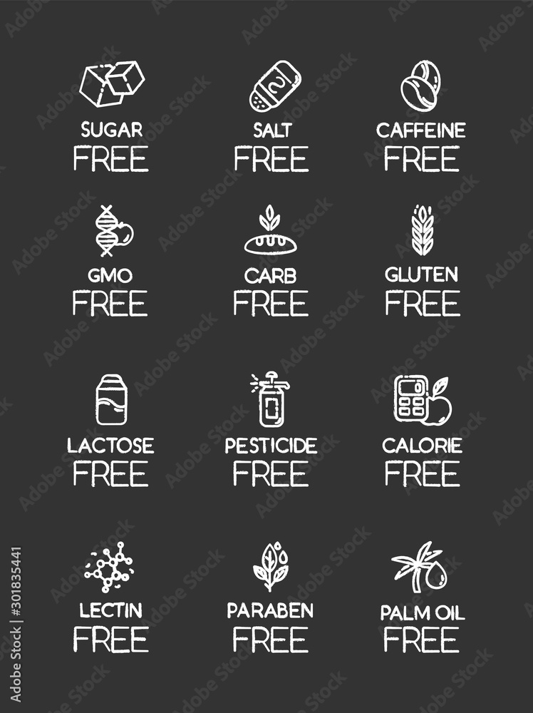 Product free ingredient chalk icons set. No lectine, paraben, gmo ...