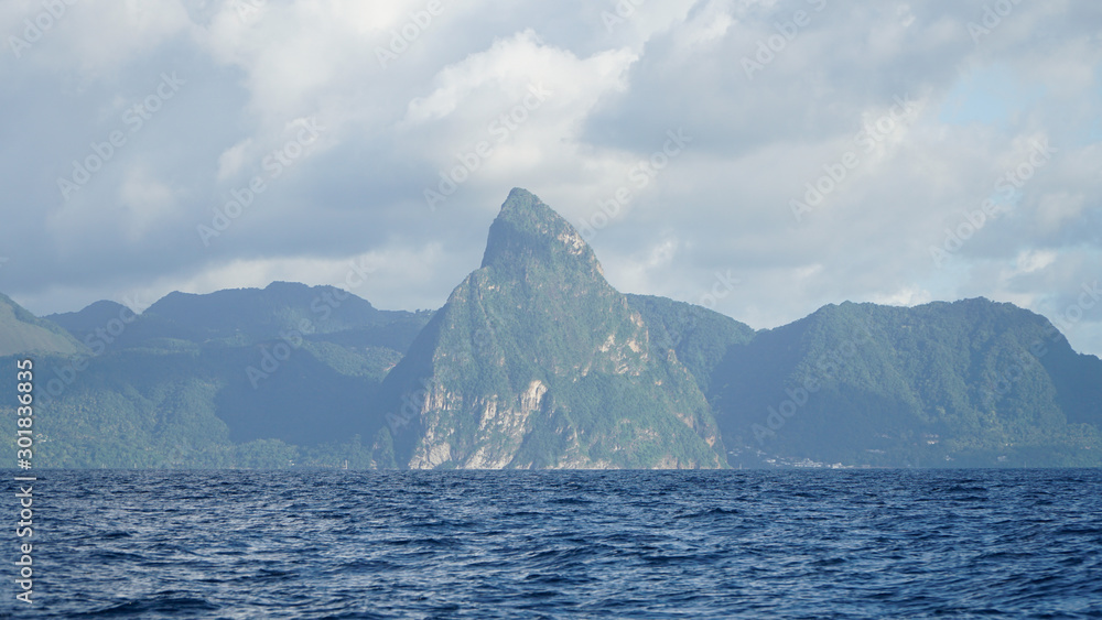 Piton Mountain Peak rising out of the ocean on the Caribbean Island of ...