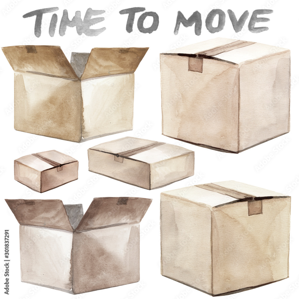 Watercolor moving carton boxes for transportation of furniture and time ...