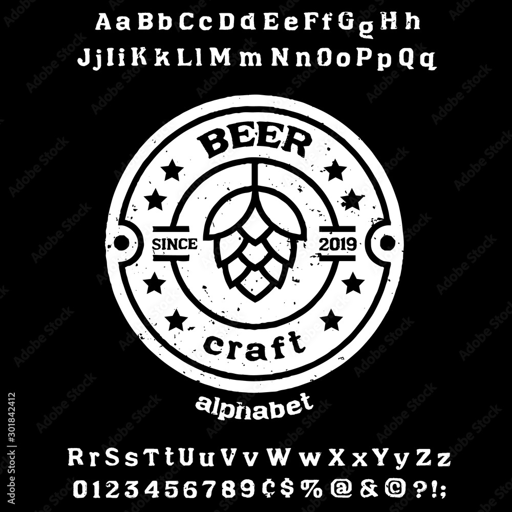 " beer " typeface. Vector hand crafted font in medieval style with hops ...