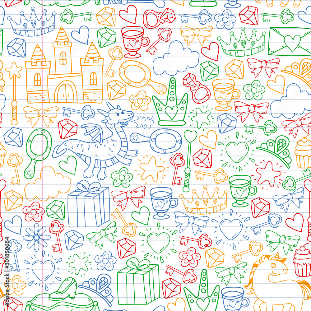 hand-drawn princess doodles. vector. Cartoon. seamless Stock Vector ...