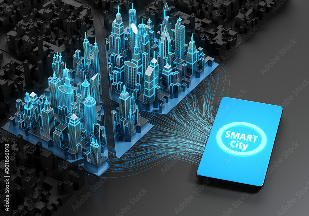 Digital cityscape next to smartphone with smart city application on ...