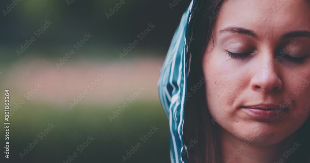 Stockvideo Close Up Portrait of Woman Crying in the Rain and Wind. SLOW ...