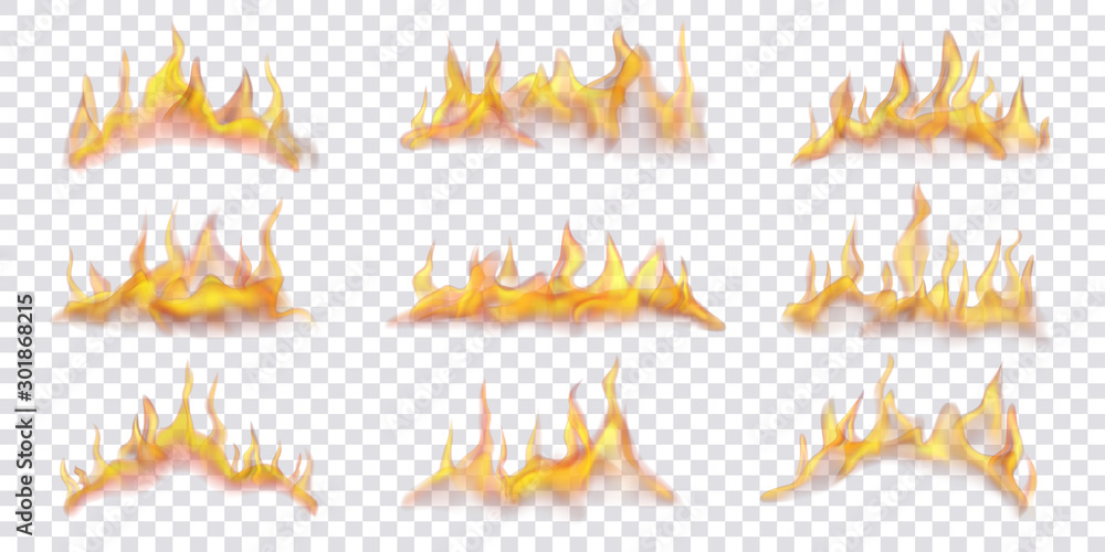 Set of translucent horizontal fire flames on transparent background ...
