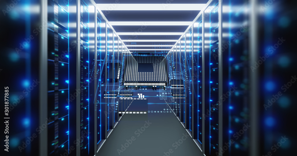 Corridor of server room with server racks in datacenter. 3d ...