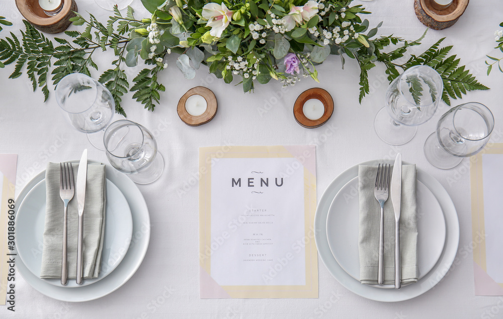 Beautiful table setting for wedding celebration in restaurant Stock ...