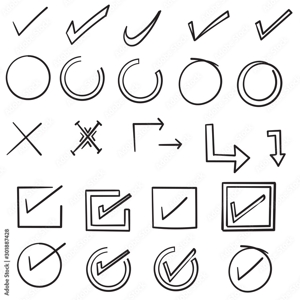 Hand drawn check signs. Doodle v mark for list items, checkbox chalk ...
