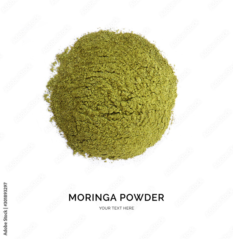 Creative layout made of moringa powder on the white background. Flat ...