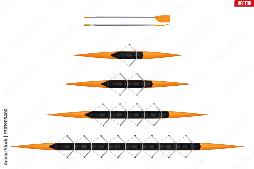 Set of racing shell and paddle for skull rowing sport. Eight athletes ...