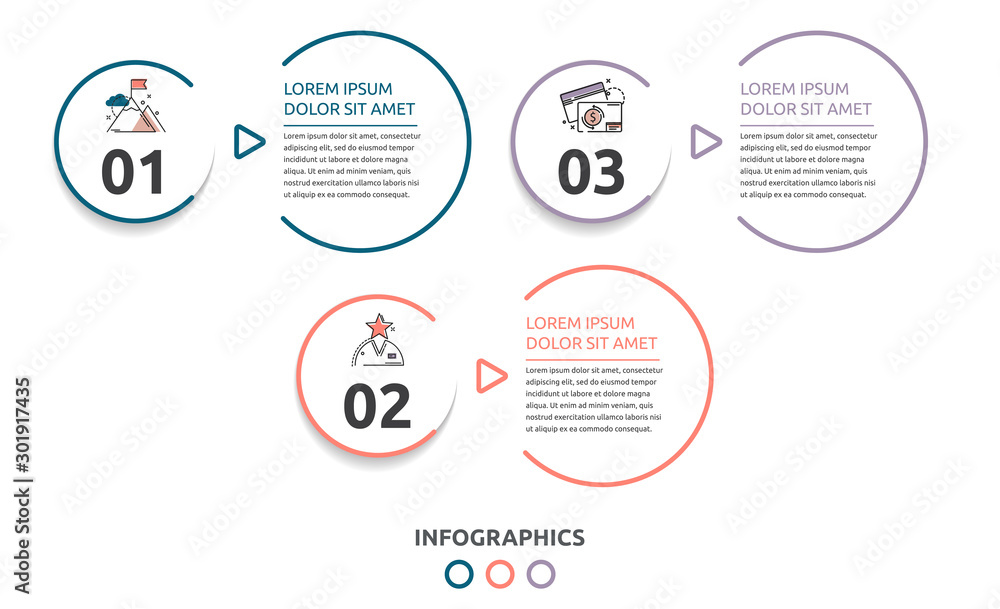 Vector flat infographic template. Line circles with text and icons for three diagrams, graph ...