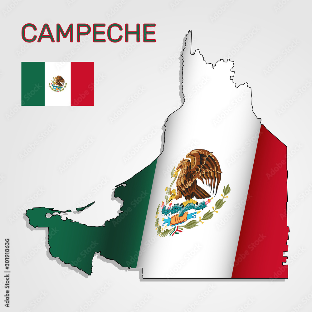 Vector map of Campeche state combined with waving Mexican national flag ...