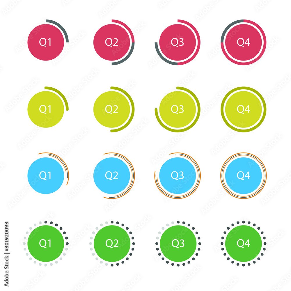 Financial Icons with first quarter second quarter third quarter and ...