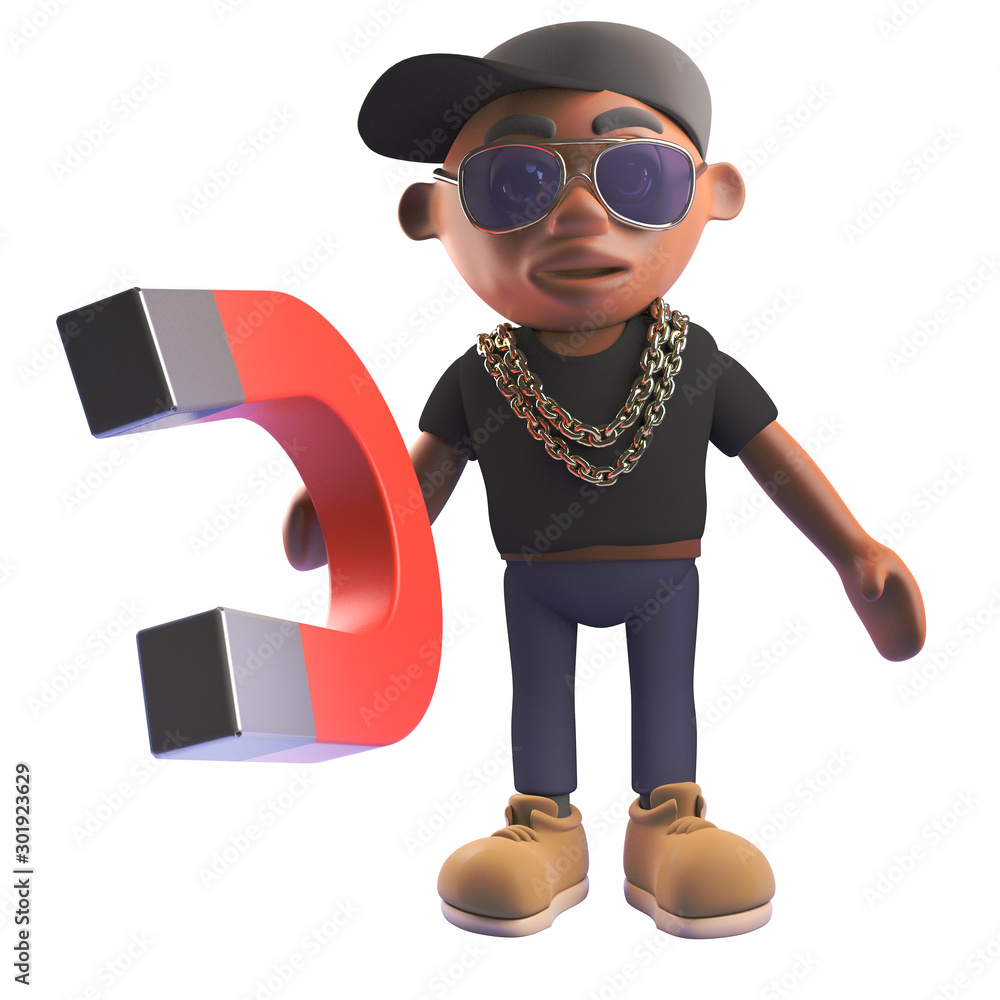 3d cartoon black hiphop rapper emcee in baseball cap holding a magnet ...