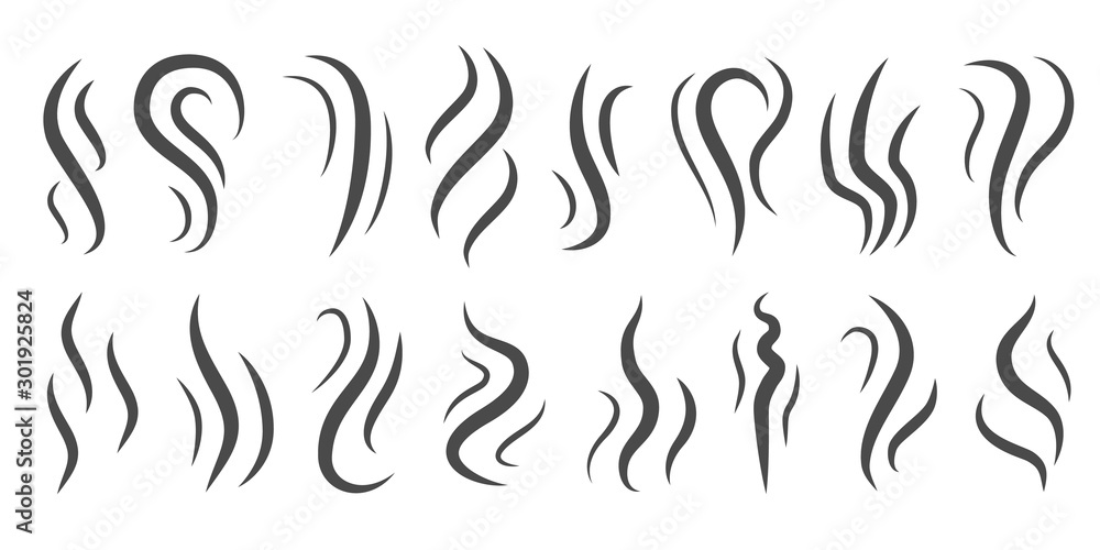 Smell icons. Heating, aroma perfume pictograms, fume and stink tails ...