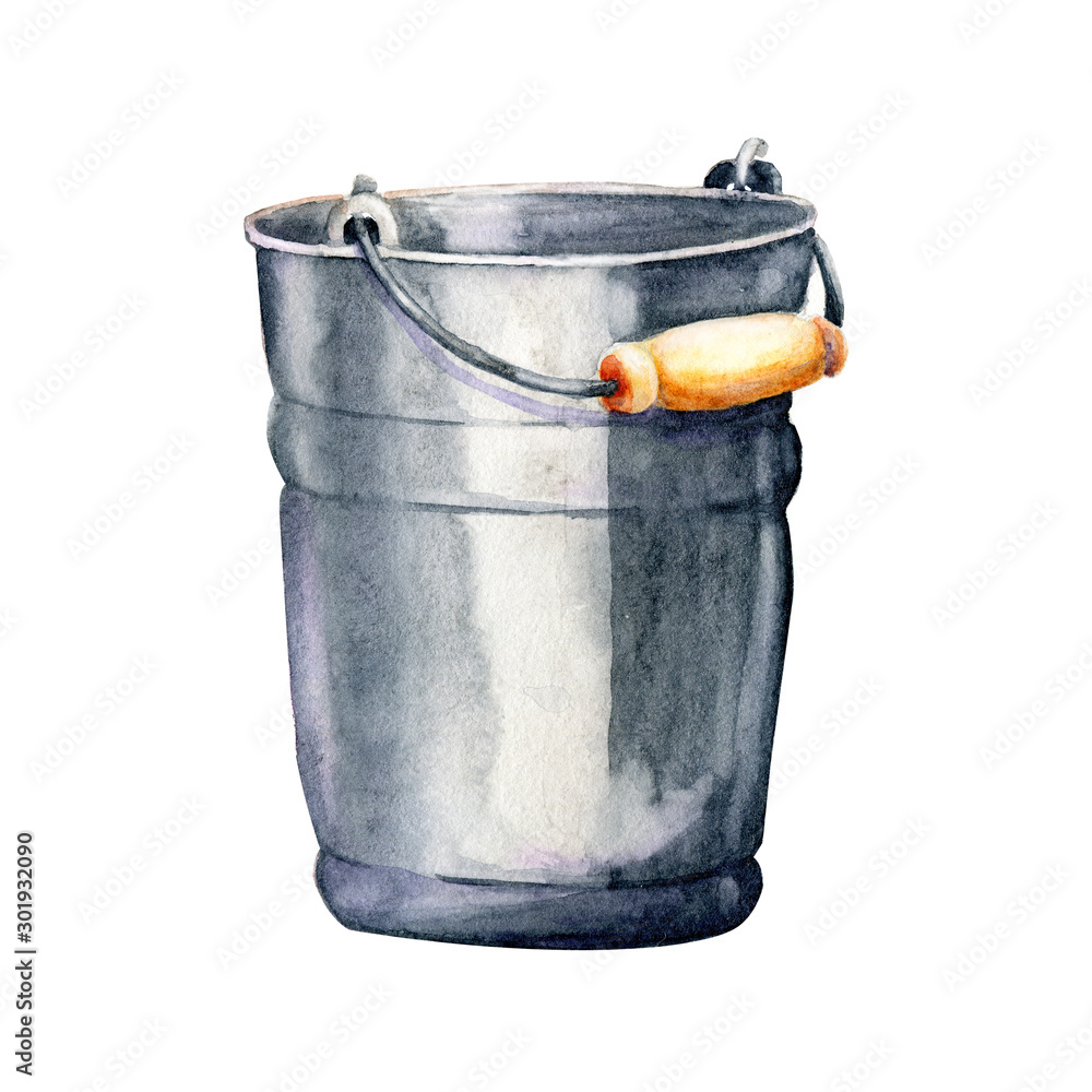 Aluminum metal bucket with a handle close-up. Hand drawn watercolor ...