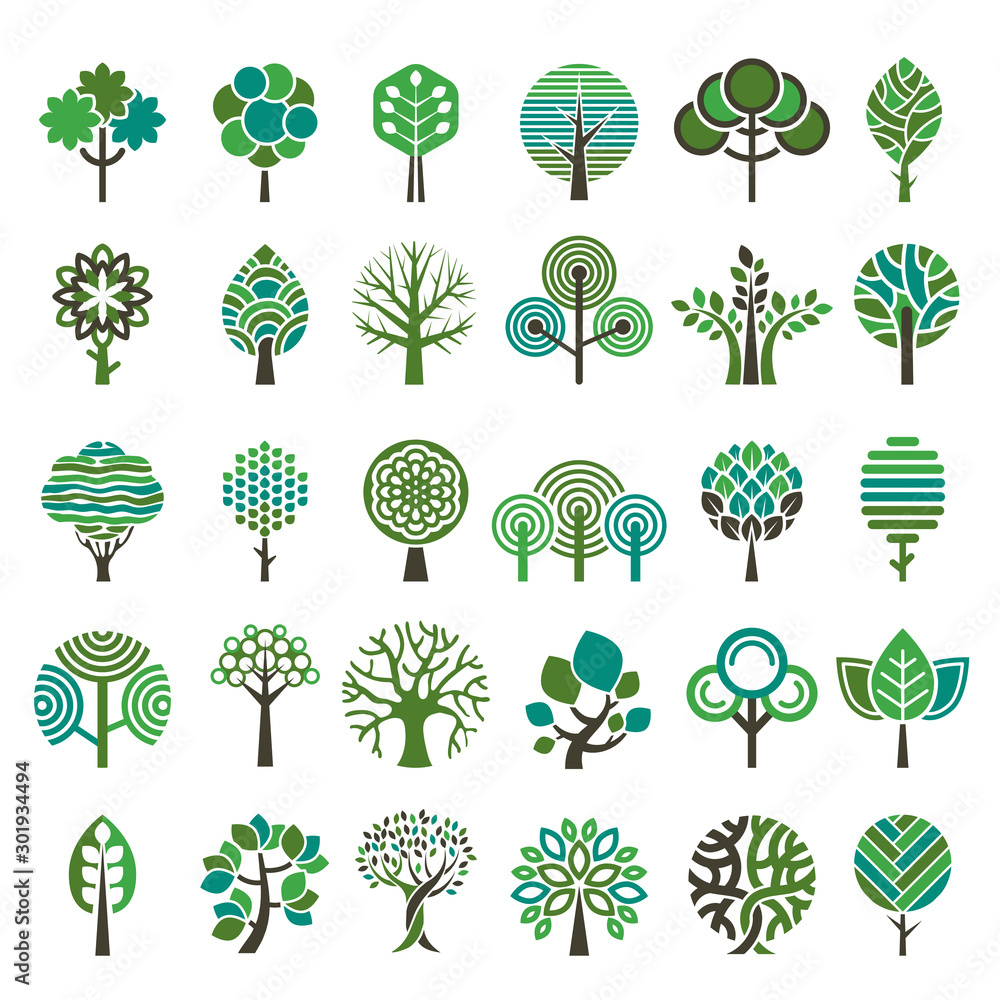 Logo tree. Eco nature wood trees stylized emblems or badges vector ...