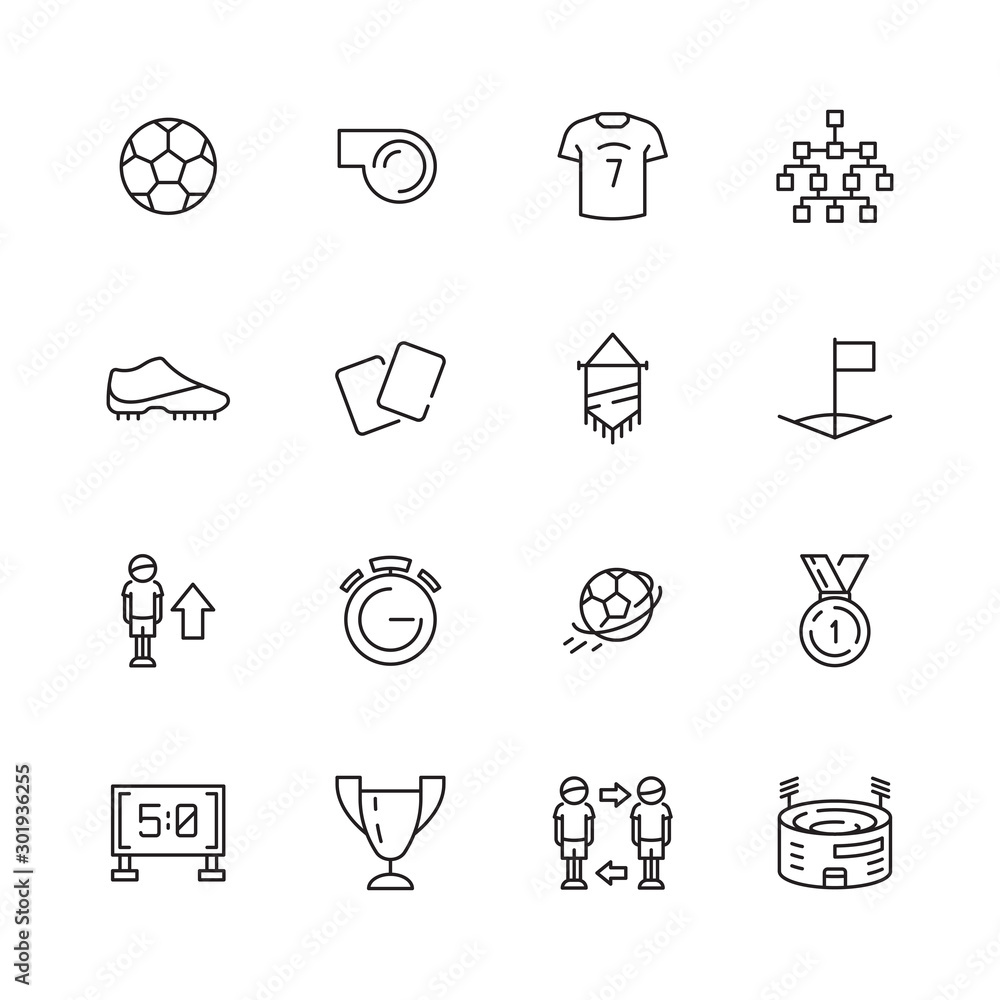 Soccer icon. Football sport symbols yellow card ball stadium shoes ...