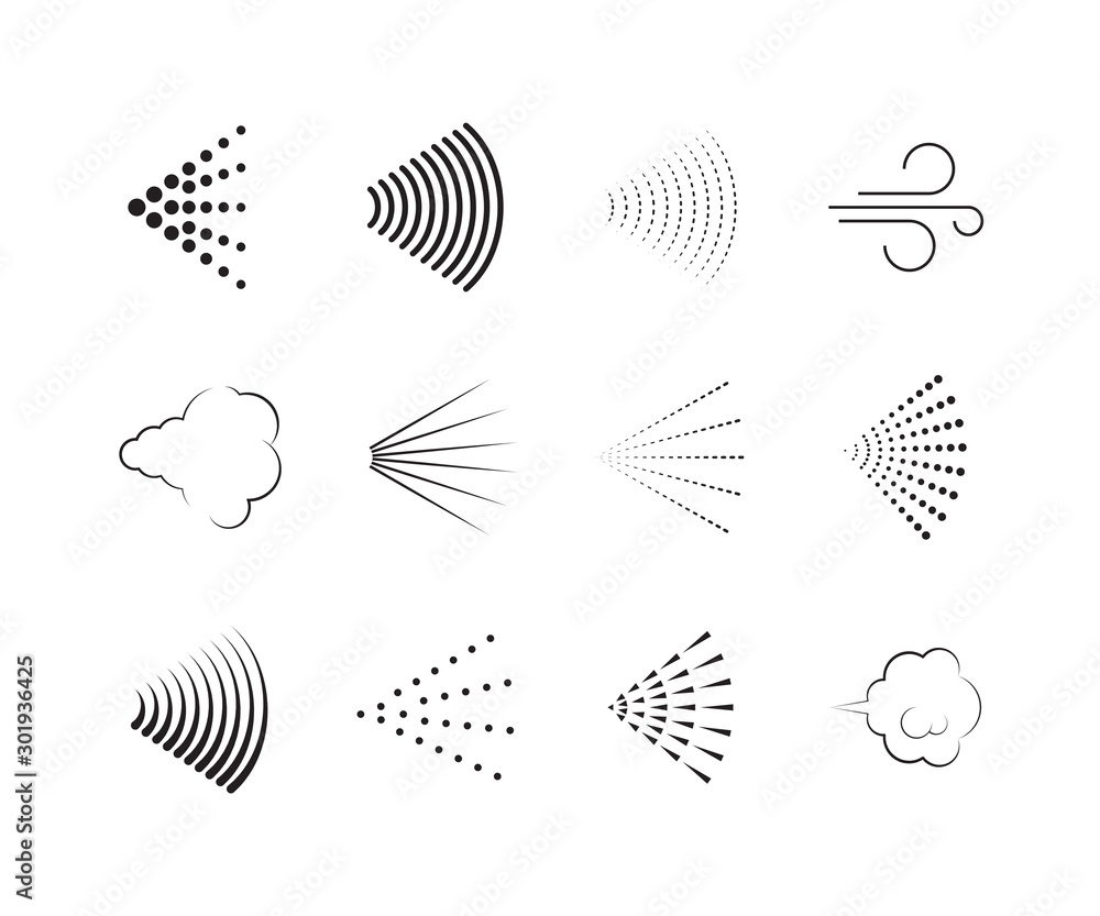 Spray icons. Gas nozzle shower air spray graphic symbols vector ...
