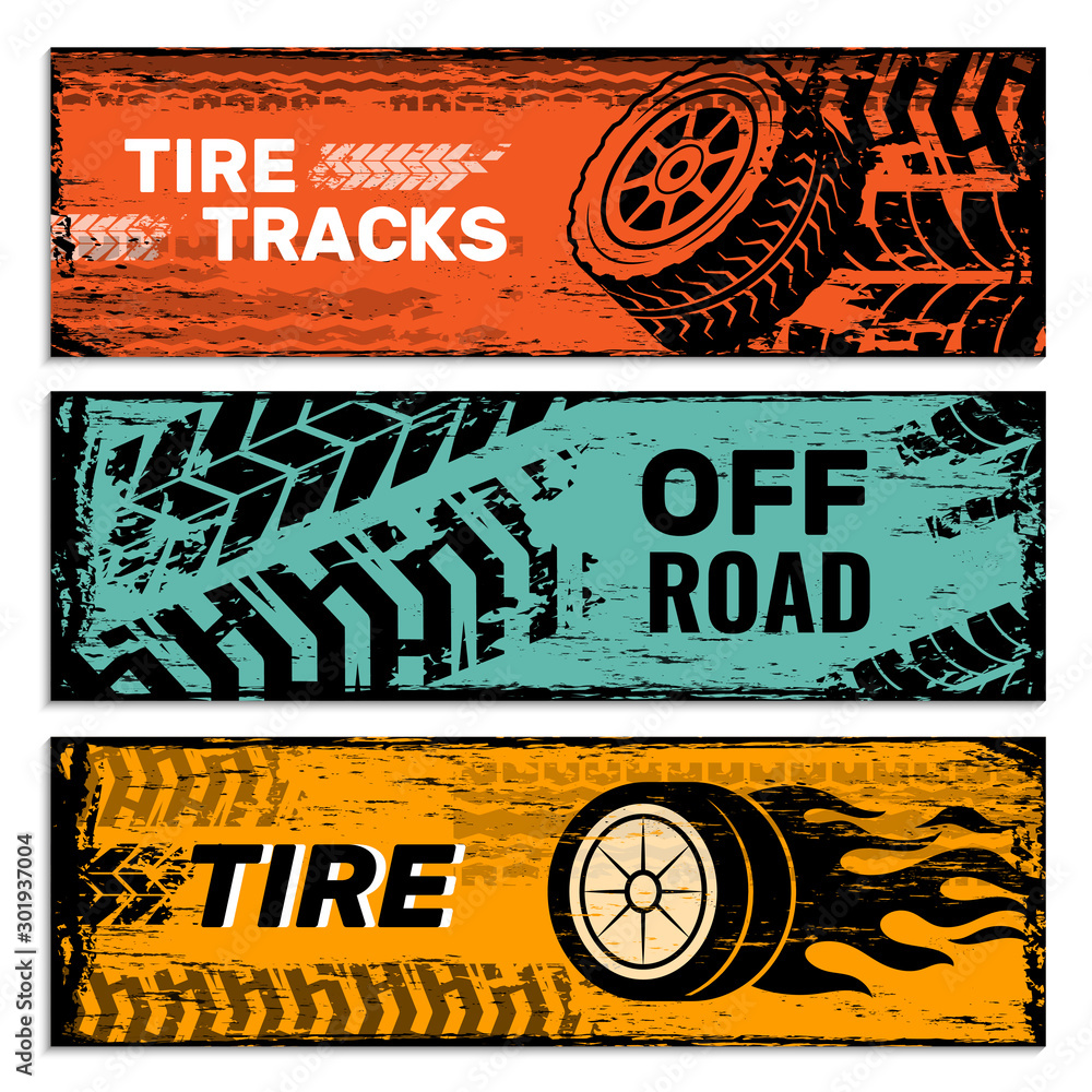 Wheels banners. Tires on road protector car dirt traces vector grunge ...