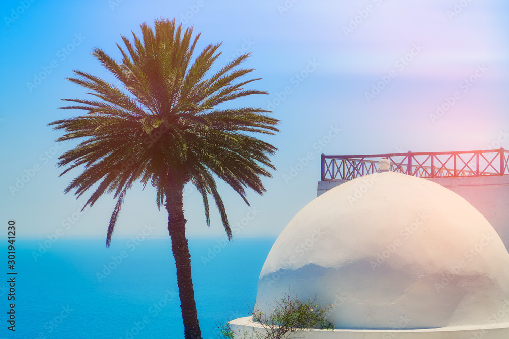 The semicircular roof of the Arabic building, sea, sun and palm tree in ...