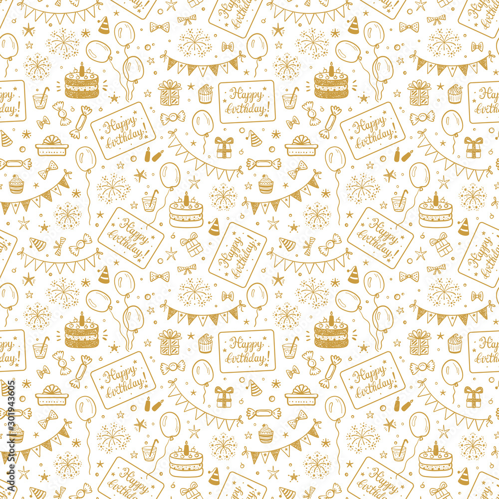 Birthday Party Seamless Pattern with Hand Drawn Doodle Birthday Cake ...