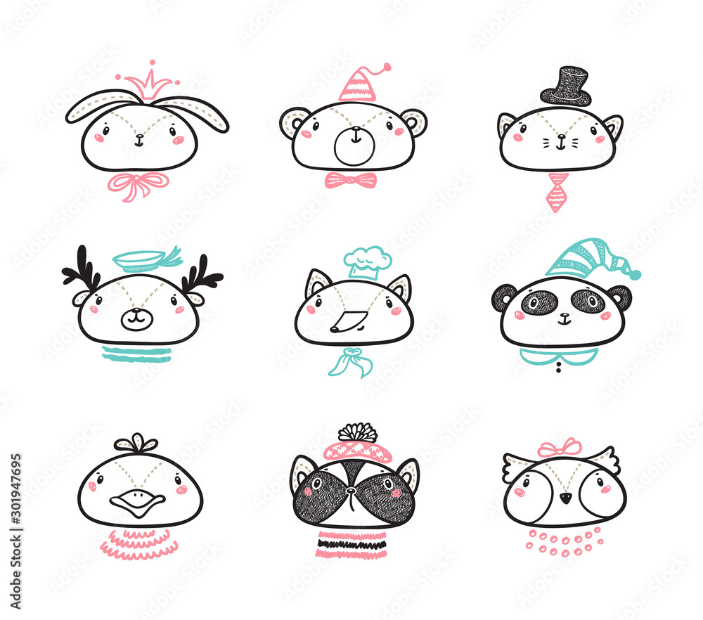Cute Scandinavian Style Animal Faces Set. Doodle Cartoon Animals and ...