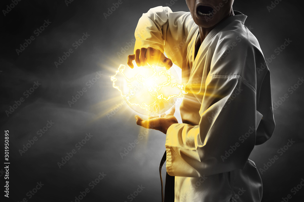 Karate martial arts fighter on dark background Stock Photo | Adobe Stock