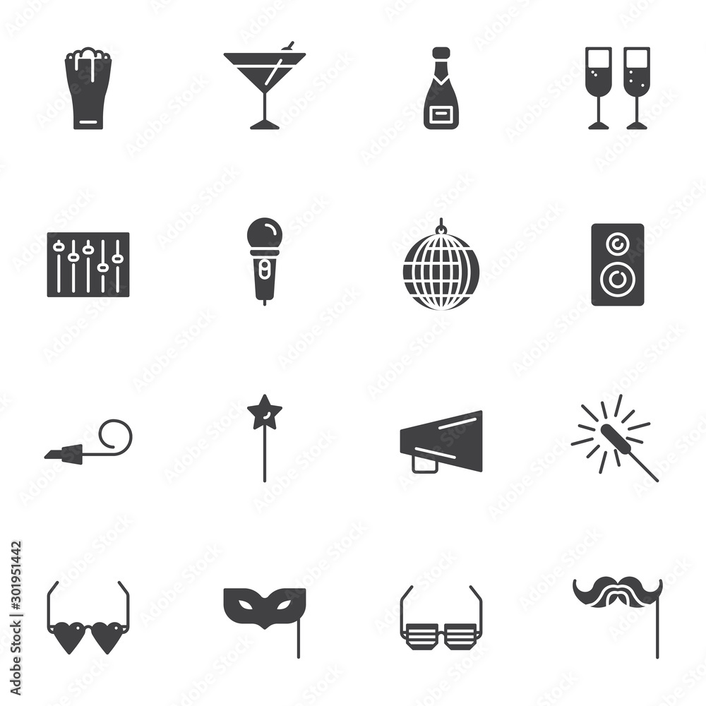 Party vector icons set, modern solid symbol collection, filled style ...