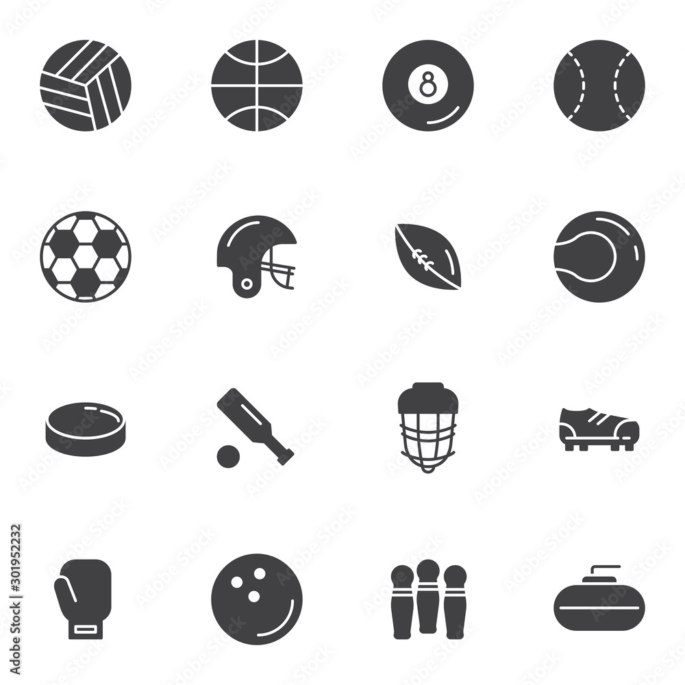 Sports equipment vector icons set, modern solid symbol collection ...
